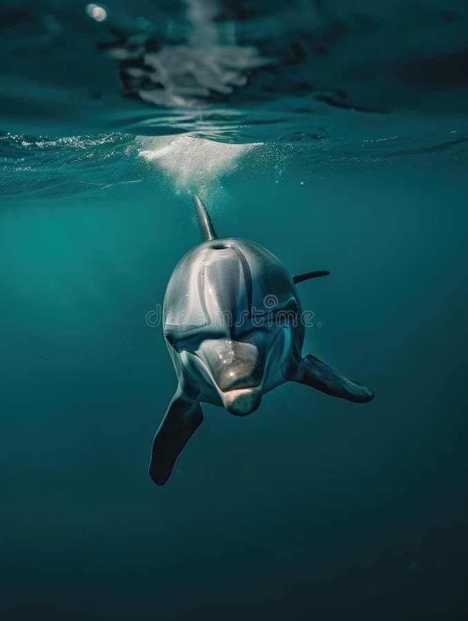 Underwater View of a Dolphin Emerging with Sunlit Waters Above Stock ...