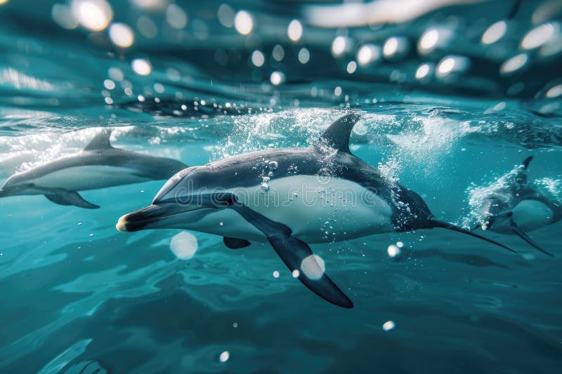 Underwater View of Dolphins Swimming in the Deep Blue Ocean Stock Image ...