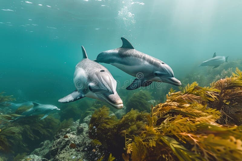 Underwater View of Dolphins Swimming in the Deep Blue Ocean Stock Photo ...