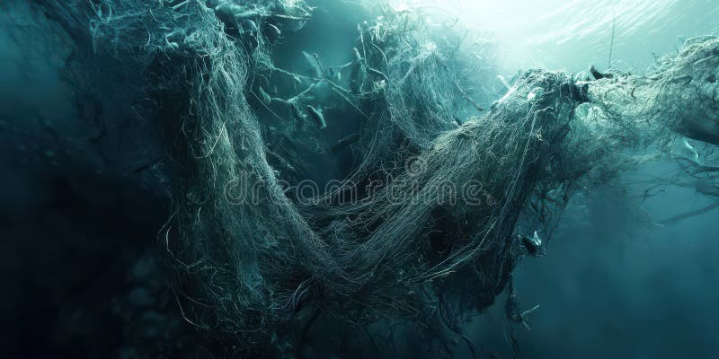 Underwater View of Entangled Fishing Nets in a Murky Ocean Environment ...