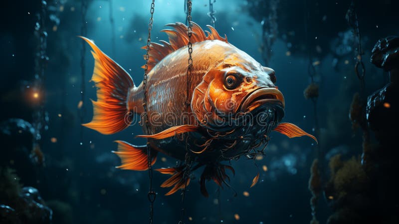 Underwater View of Fish on a Hook, Struggling To Break Free. the Fish S ...