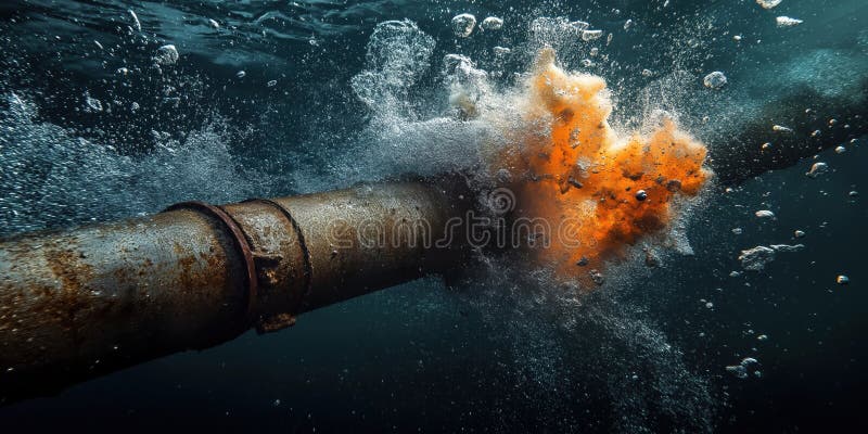 Underwater Gas Pipe Explosion Releasing Orange Cloud and Bubbles Stock ...