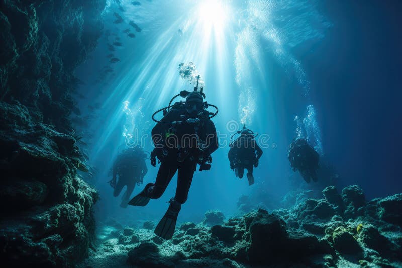 Underwater View on Group of Scuba Divers with Instructor in Seawater ...