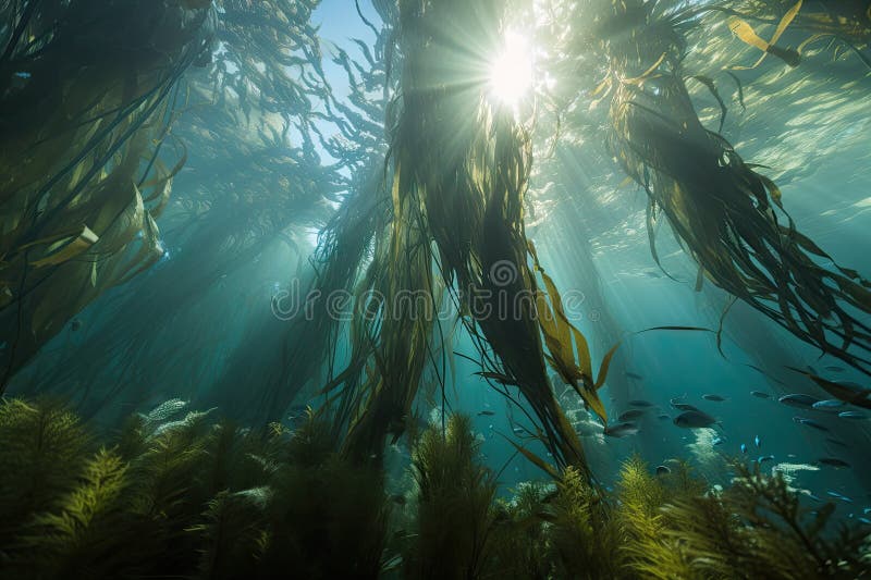 Underwater View of Kelp Forest, with Schools of Fish Swimming among the ...
