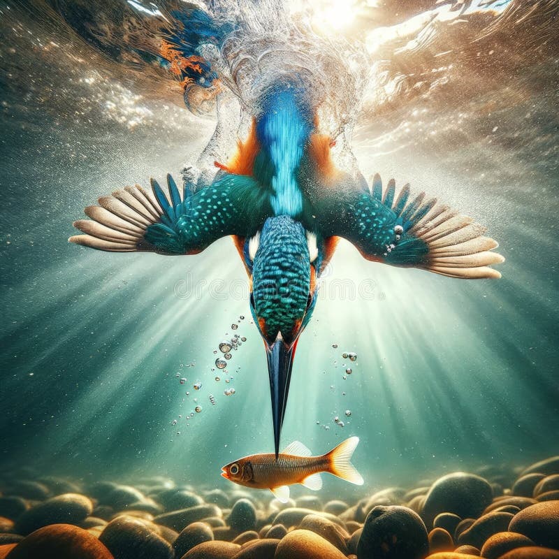 Underwater View, a Kingfisher Speeds Dive Sharp Beak Down Towards a ...