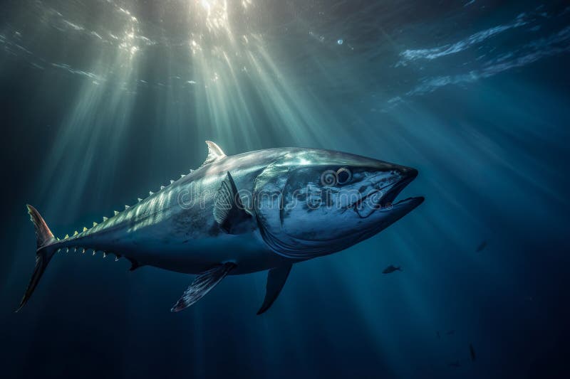 Underwater View of a Large Tuna Illuminated by Sun Rays - Generative AI ...
