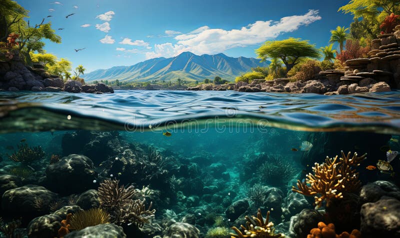 Underwater View of Ocean with Mountain Range in Background Stock Image ...