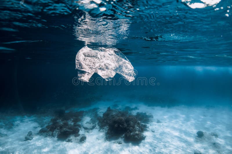 Underwater View in Ocean with Plastic Bag and Rubbish, Ecological ...