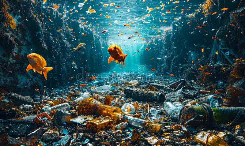 Underwater View of Ocean Pollution with Plastic Waste and Discarded ...