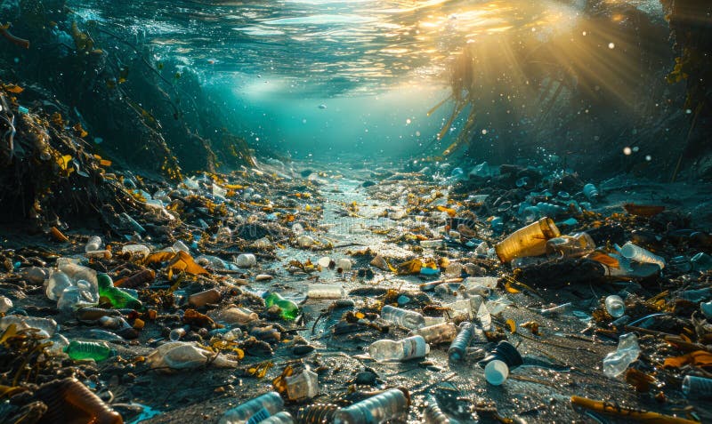 Underwater View of Ocean Pollution with Plastic Waste and Discarded ...