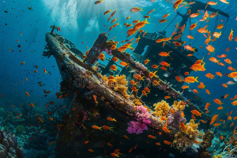 Underwater View of an Old Sunken Ship on Seabed with Fish Swimming ...