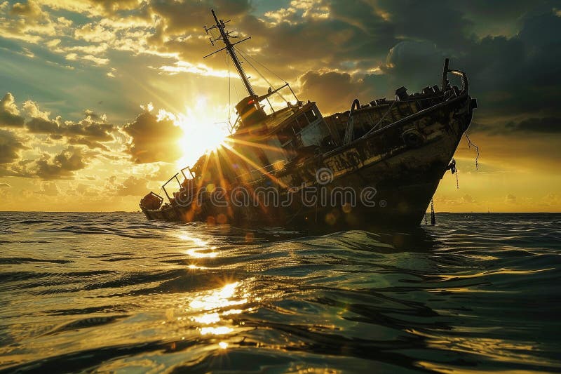 Underwater View of an Old Sunken Ship on Seabed with Fish Swimming ...