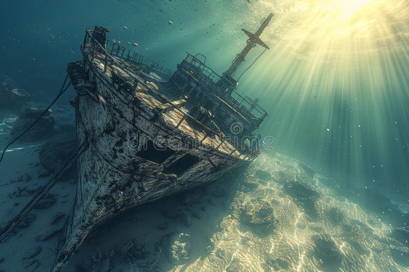 Underwater View of an Old Sunken Ship on Seabed with Fish Swimming ...