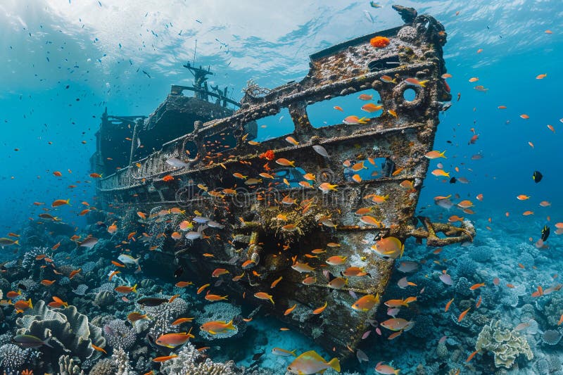 Underwater View of an Old Sunken Ship on Seabed with Fish Swimming ...