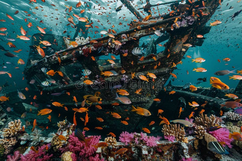 Underwater View of an Old Sunken Ship on Seabed with Fish Swimming ...