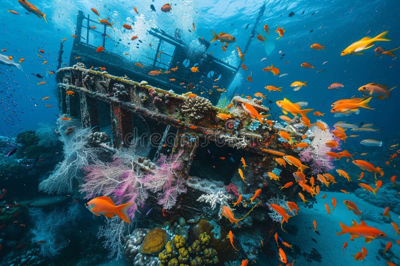 Underwater View of an Old Sunken Ship on Seabed with Fish Swimming ...