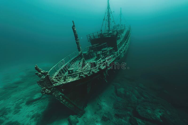 Underwater View of an Sunken Ship on Seabed with Fish Swimming Around ...