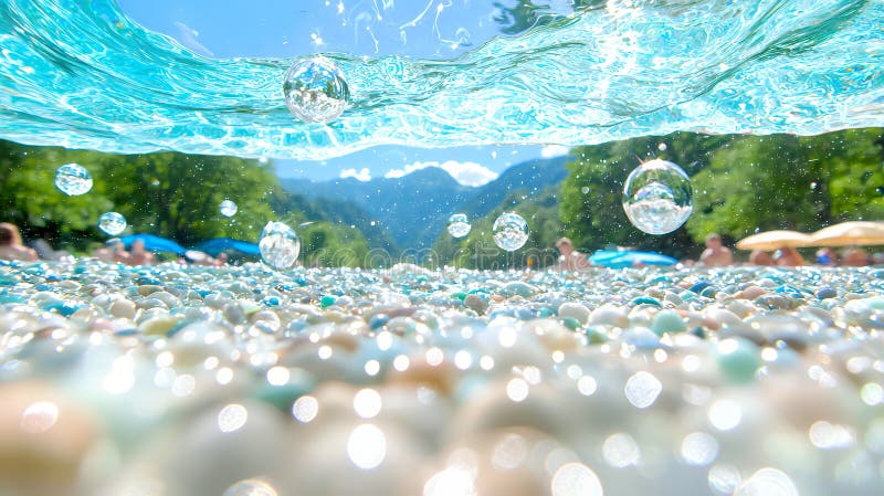 Underwater View of Pebble Beach with Bubbles and Distant Mountains ...