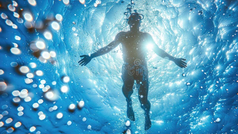 Underwater View of a Person Diving, Surrounded by Bubbles and Sunlight ...