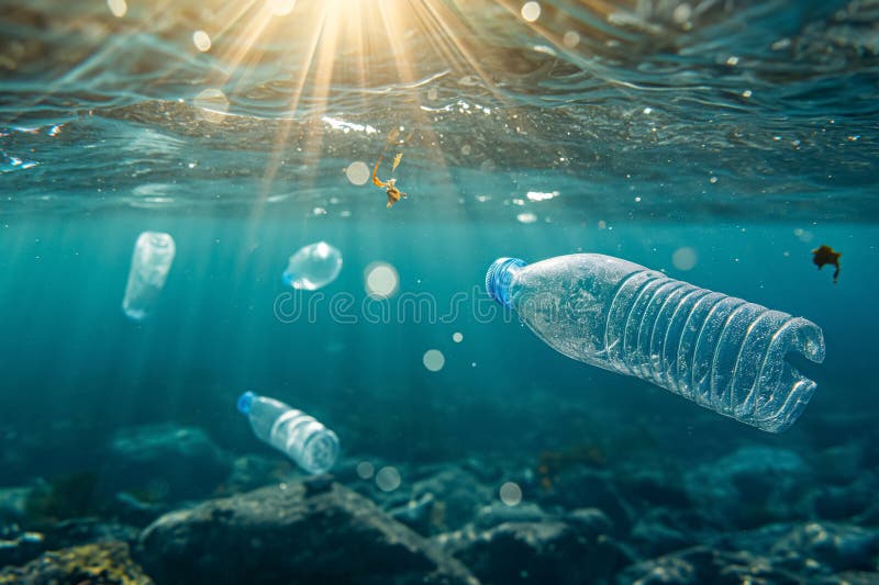 Underwater View of Plastic Bottles Floating in the Sea with Sunlight ...