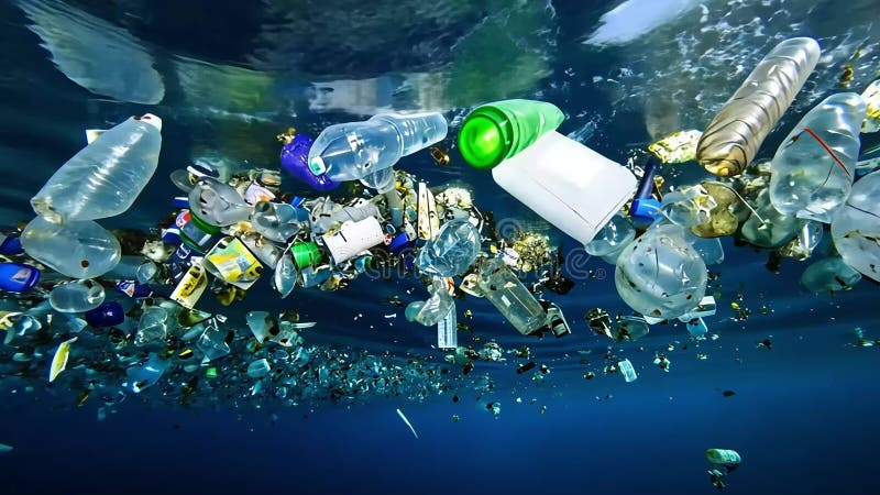 Underwater View of Ocean Pollution with Floating Plastic Bottles and ...