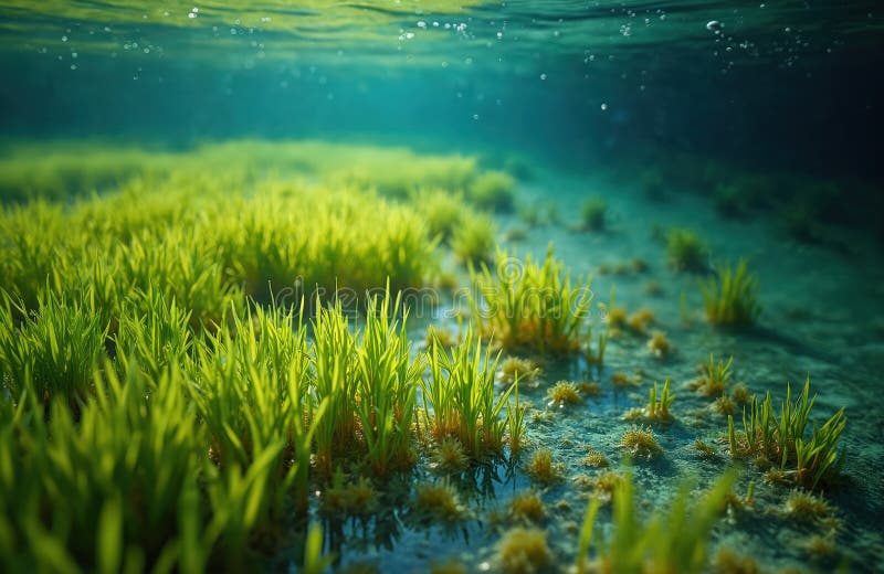 Underwater View Pond with Algae. Green Aquatic Plants on Bottom ...
