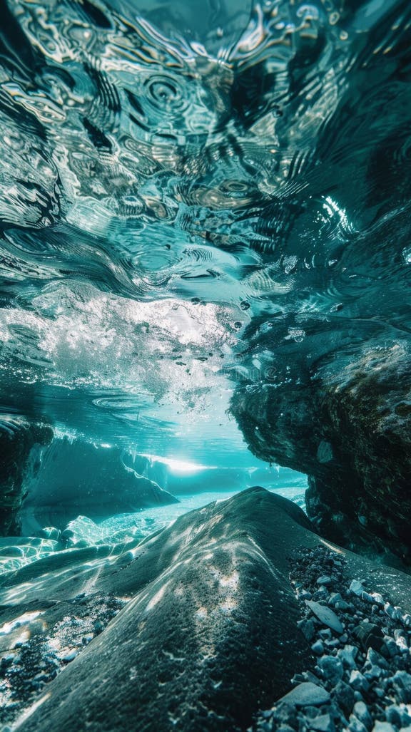 Underwater View with Rocks and Light Rays Stock Photo - Image of ...