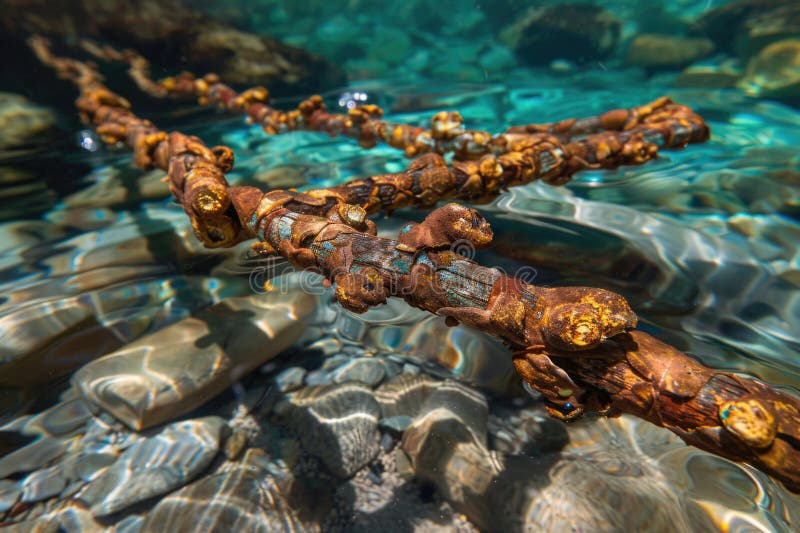 Underwater View of Rusty Metal Chain in Clear Blue Waters with Rippling ...