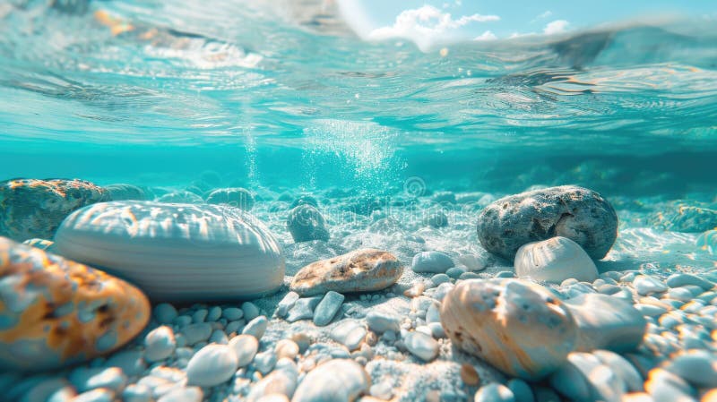 Underwater View of a Sandy Beach with Shells and Rocks, Perfect for ...