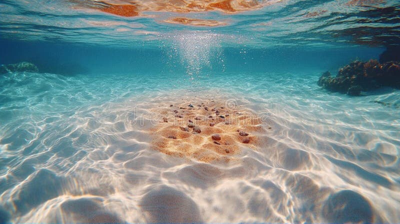 Underwater View of Sandy Ocean Floor with Bubbles and Sunlight Stock ...