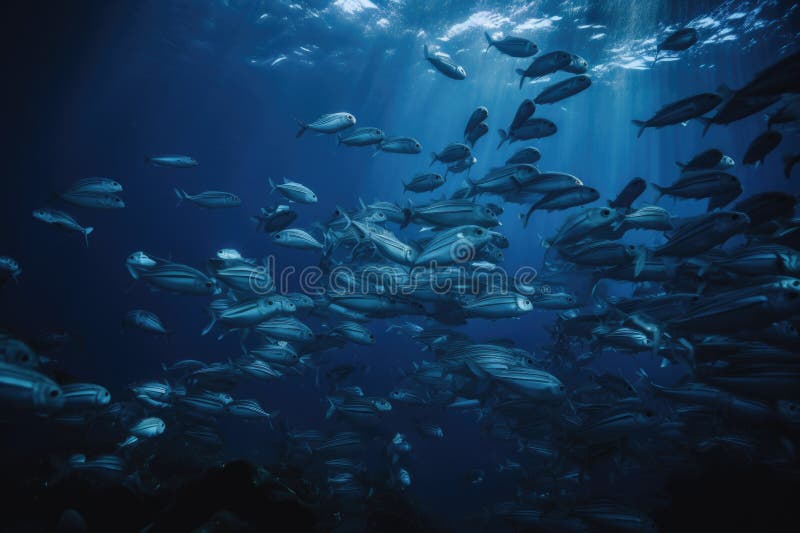An Underwater View of a School of Fish Swimming in an Otherworldly Blue ...