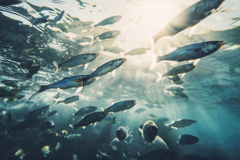 Underwater View of a School of Fish Swimming in the Sea. Stock ...