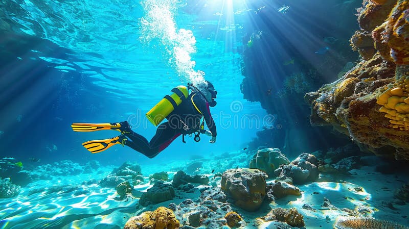 Underwater View Scuba Diver Sunlight Breaking through Water, Diver ...