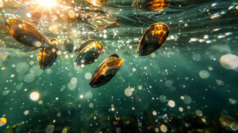 Underwater View of Shimmering Shells Illuminated by Sunlight in a ...