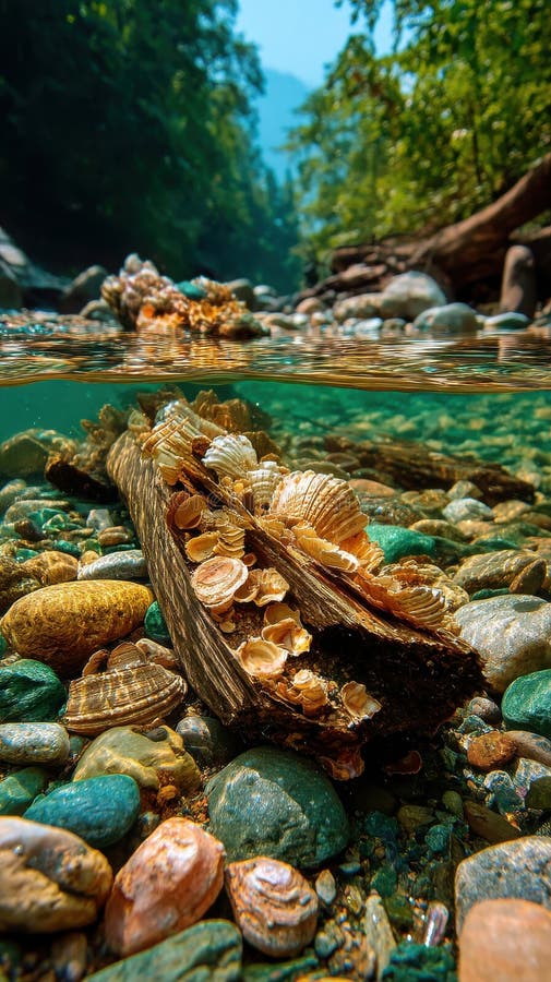 Underwater View of Stream with Pebble Seabed, Fallen Log Covered in ...