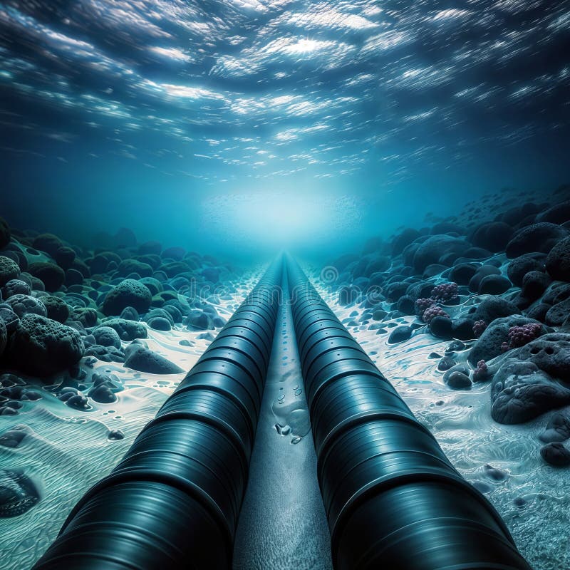 Underwater View of a Submarine Power Cables in the Sea. 3d Rendering ...
