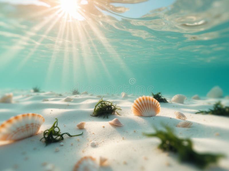 Underwater View with Sun Rays and Sandy Ocean Floor Stock Photo - Image ...