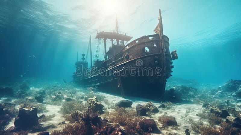 Underwater View of a Sunken Ship in the Caribbean Sea. Generative AI ...