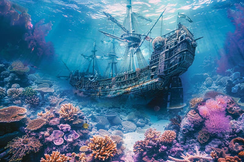 Underwater View of an Sunken Ship on Seabed with Fish Swimming Around ...