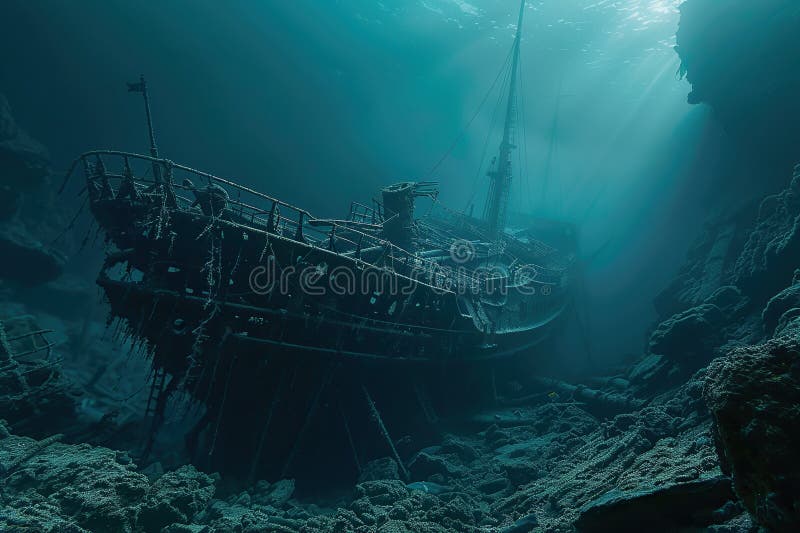 Underwater View of an Sunken Ship on Seabed with Fish Swimming Around ...