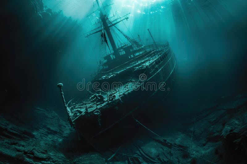 Underwater View of an Sunken Ship on Seabed with Fish Swimming Around ...