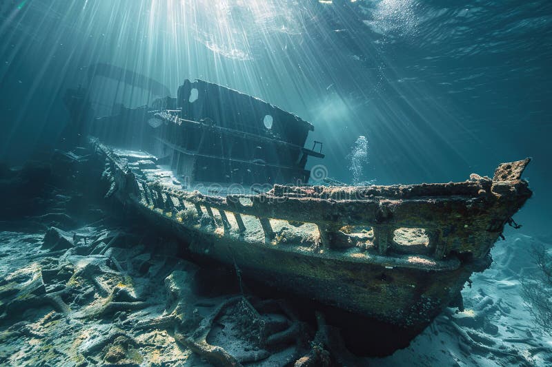 Underwater View of an Sunken Ship on Seabed with Fish Swimming Around ...