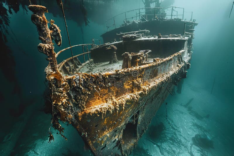 Underwater View of an Sunken Ship on Seabed with Fish Swimming Around ...