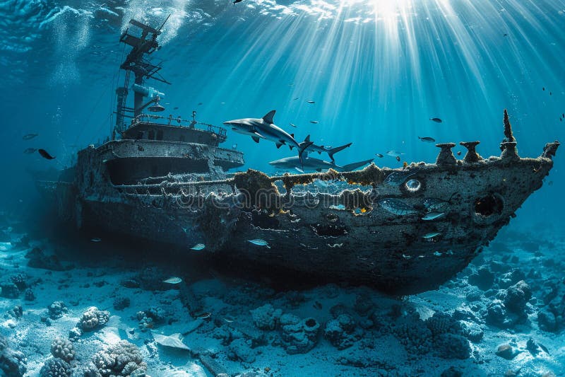 Underwater View of an Sunken Ship on Seabed with Fish Swimming Around ...