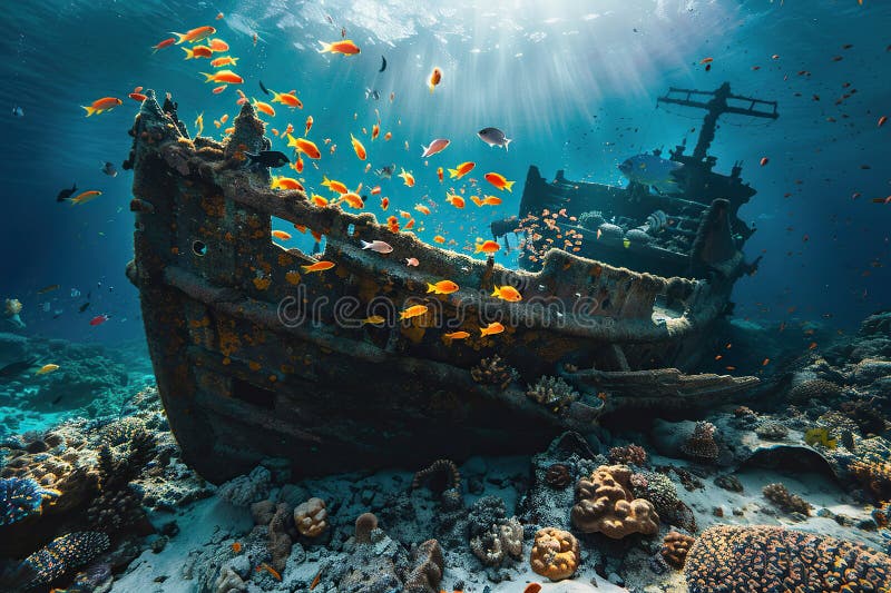 Underwater View of an Sunken Ship on Seabed with Fish Swimming Around ...