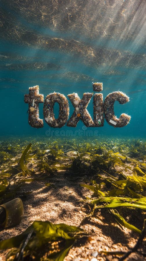 Underwater View of Trash Forming the Word Toxic, Environmental ...