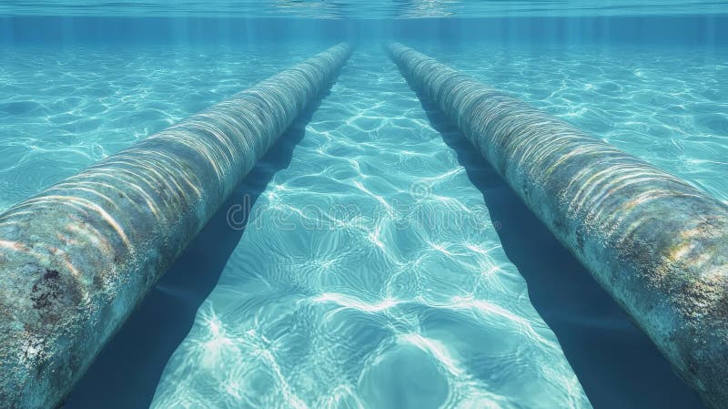 Underwater View of Two Parallel Pipes Surrounded by Clear Blue Water ...