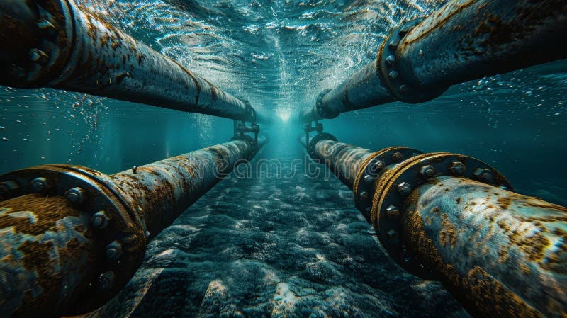 Underwater View of Two Parallel Rusty Pipelines Extending Towards a ...