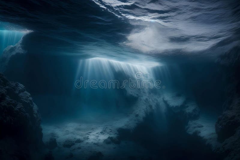 Underwater View of Underwater Cave with Light Rays Coming Out of Water ...