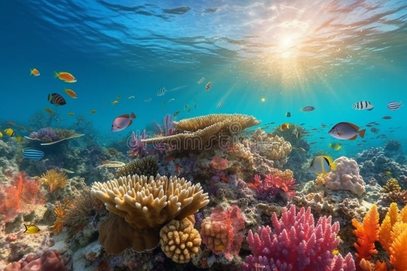 Underwater View with Various Types of Fish Corals Reef and Diversity of ...